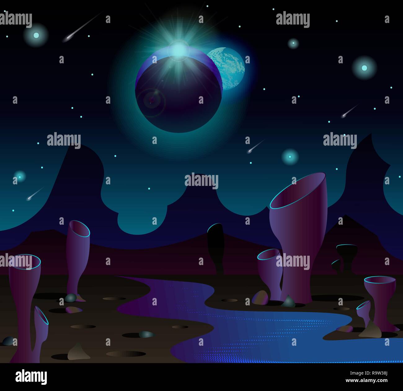 Fantastic flora by the river on a distant planet and an eclipse. Empty ...