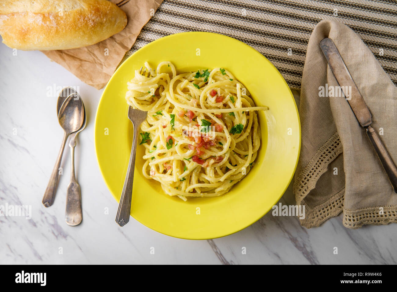 Creamy Italian cuisine spaghetti alla carbonara with pancetta and ...