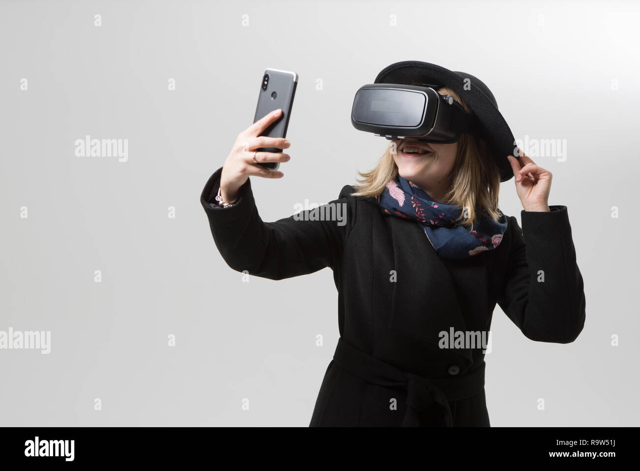 VR 360. Virtual game. Young Woman in Virtual Reality Glasses Stock ...