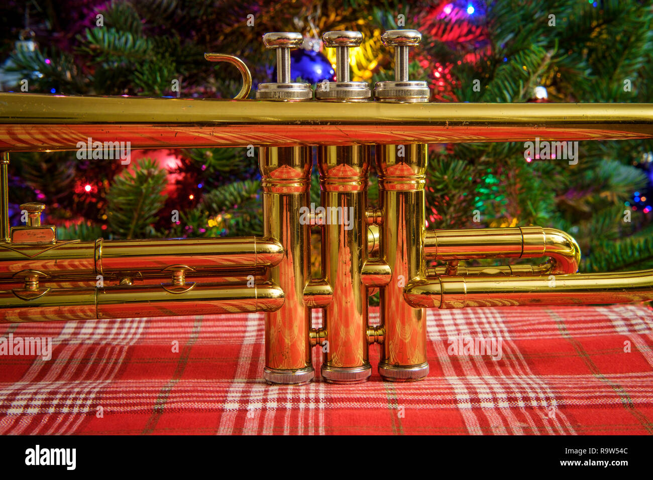 Seasonal holiday musical instrument trumpet with Christmas tree ...