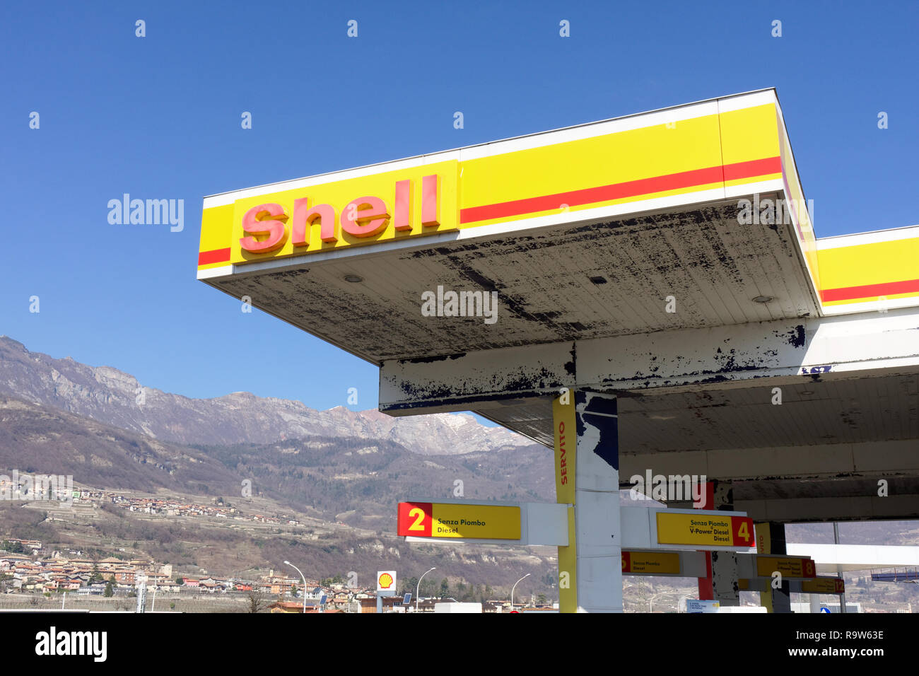 Trentino, Italy: March 2015 - Shell gas station along highway Brennero ...
