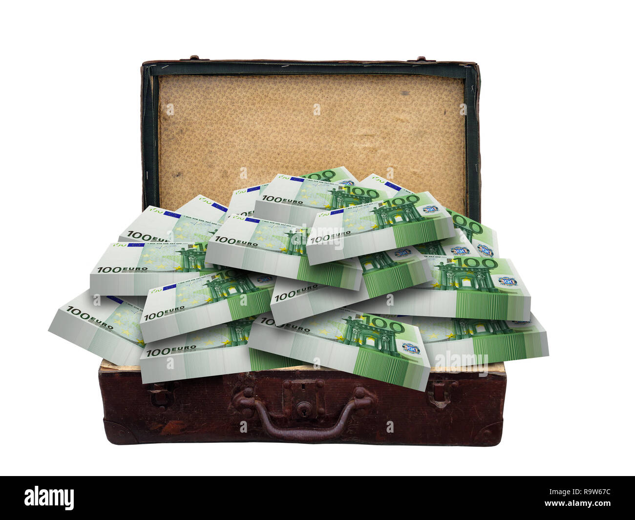 Vintage suitcase full of euro banknotes isolated Stock Photo - Alamy