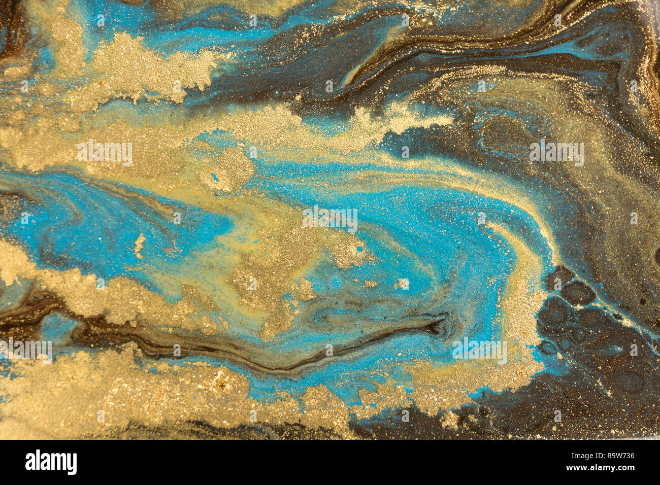 Gold marbling texture design. Blue and golden marble pattern. Fluid art ...