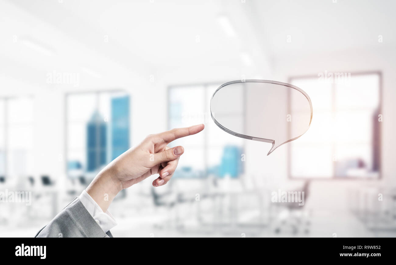 Female hand touching with finger glass icon fly in air. Mixed me Stock ...