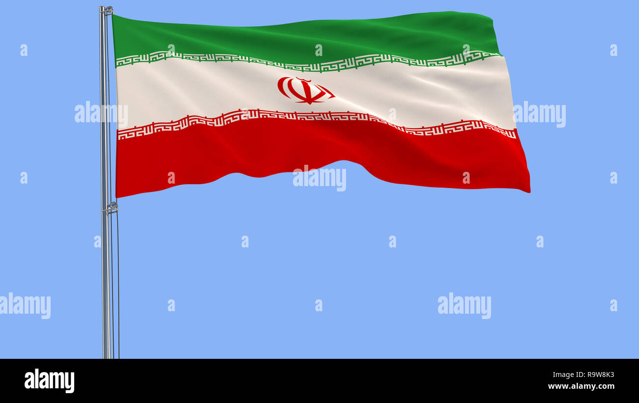 Flag of Iran on a flagpole fluttering in the wind on blue background ...