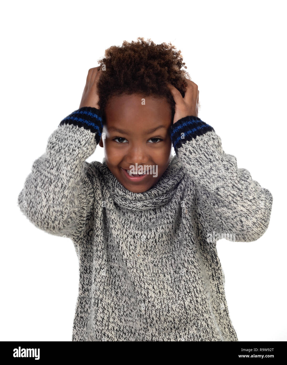 African child covering his head isoalted on a white background Stock ...