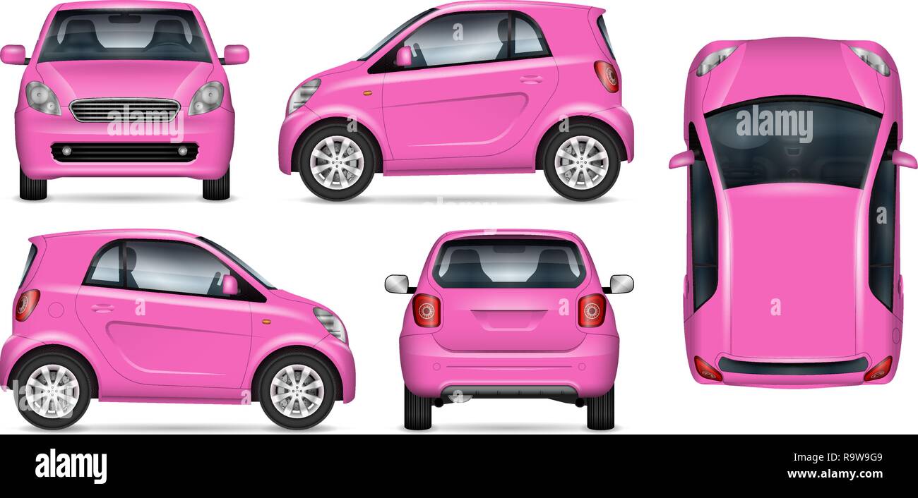 Pink little car vector mockup on white for vehicle branding, corporate ...