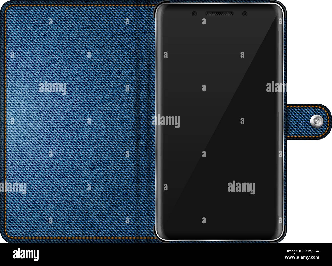 Realistic smartphone in blue denim case isolated vector illustration on ...