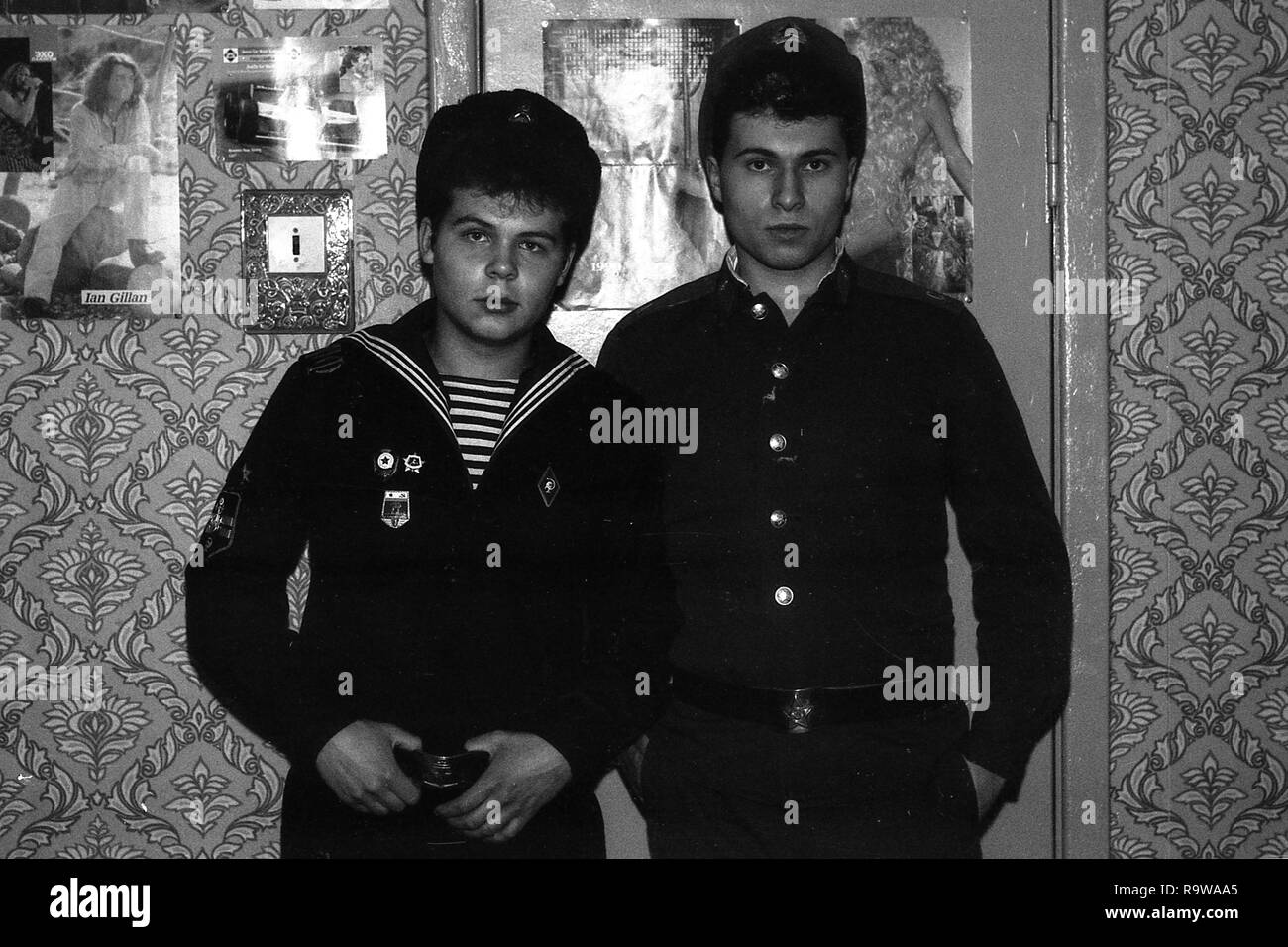 MOSCOW REGION, RUSSIA - CIRCA 1992: Portrait of friends, Russian sailor ...