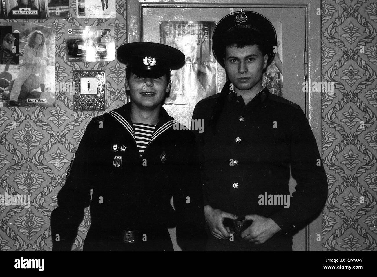 MOSCOW REGION, RUSSIA - CIRCA 1992: Portrait of friends, Russian sailor ...