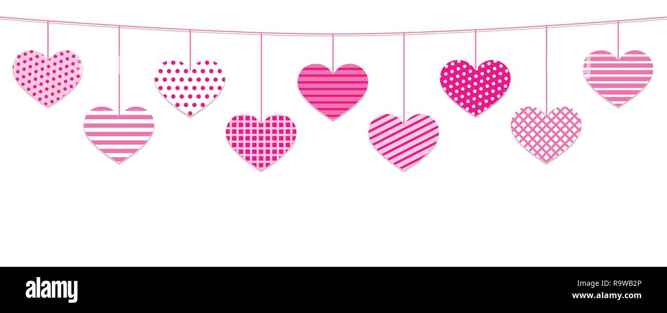 pink hanging hearts with different pattern for valentines day vector ...