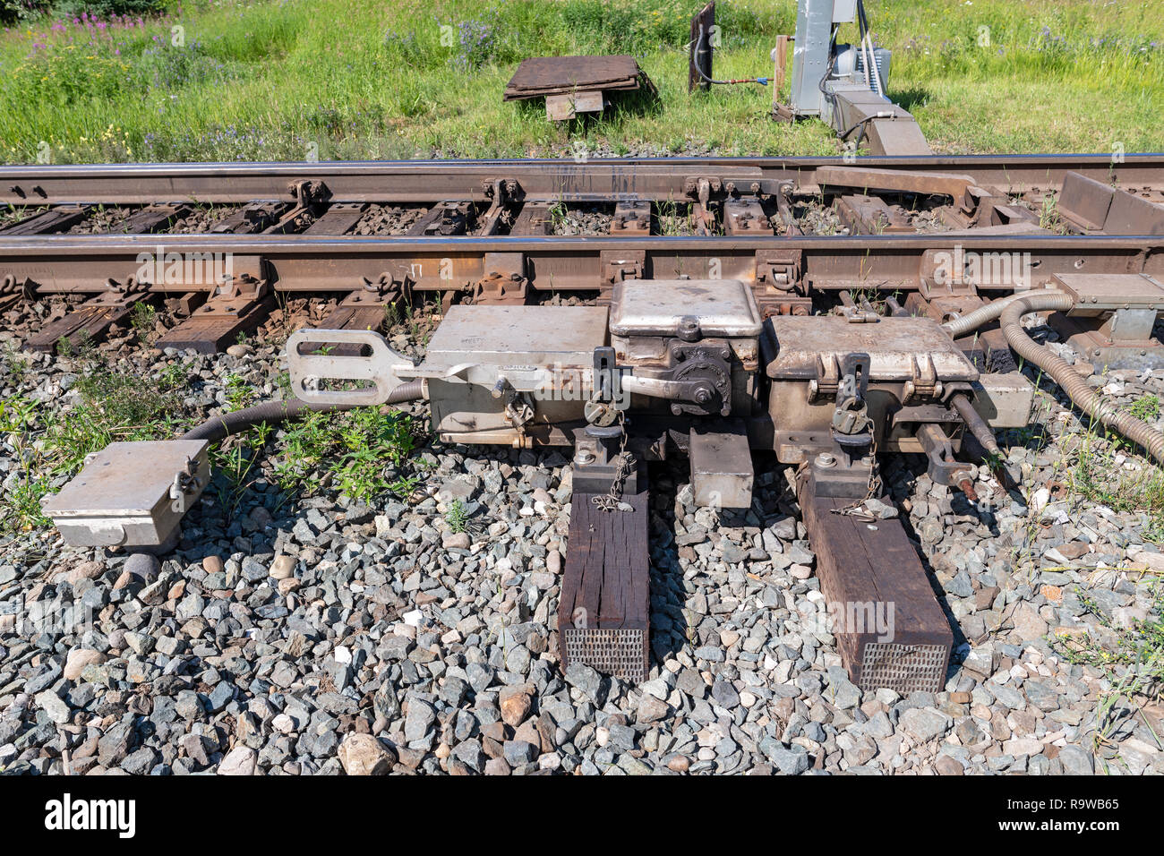 A motorized railroad track switch on the Canadian National Railway in ...