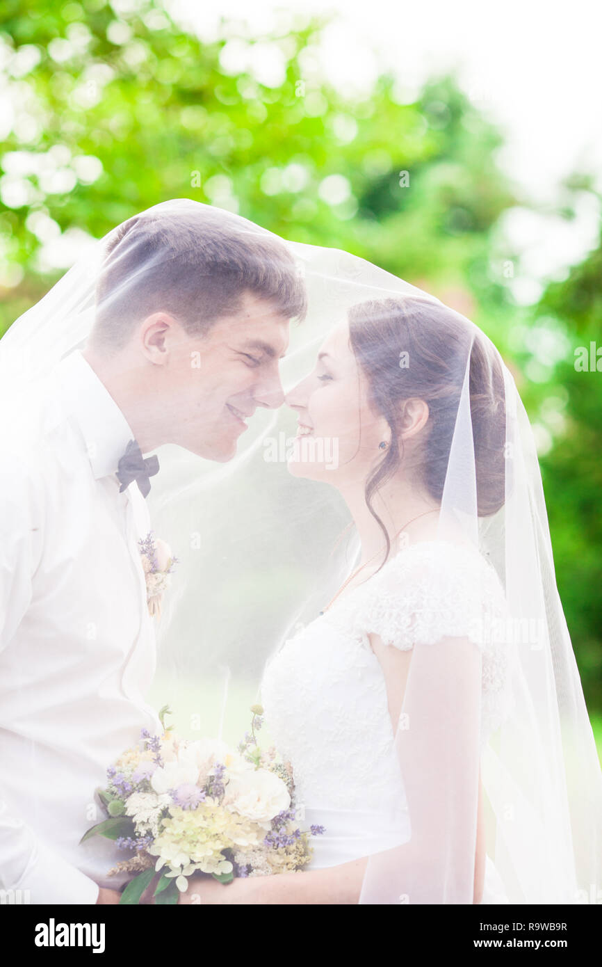 Wedding couple outdoor under the bradal veil Stock Photo - Alamy