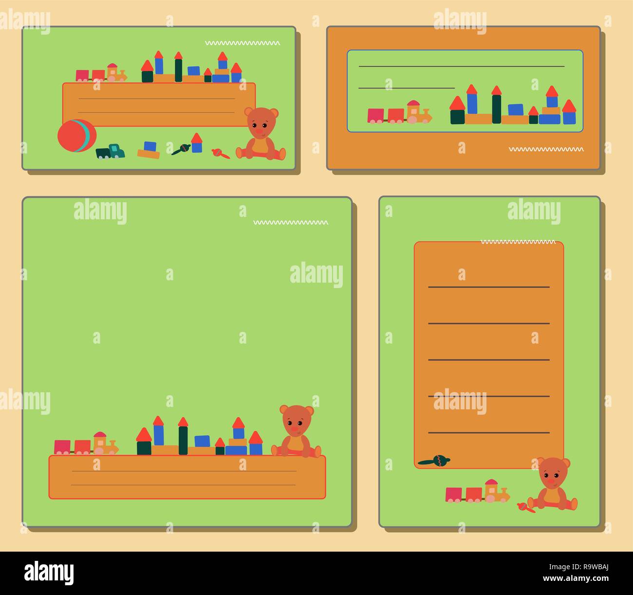 set green tags, with teddy bear and toys for boy and girl for frame ...