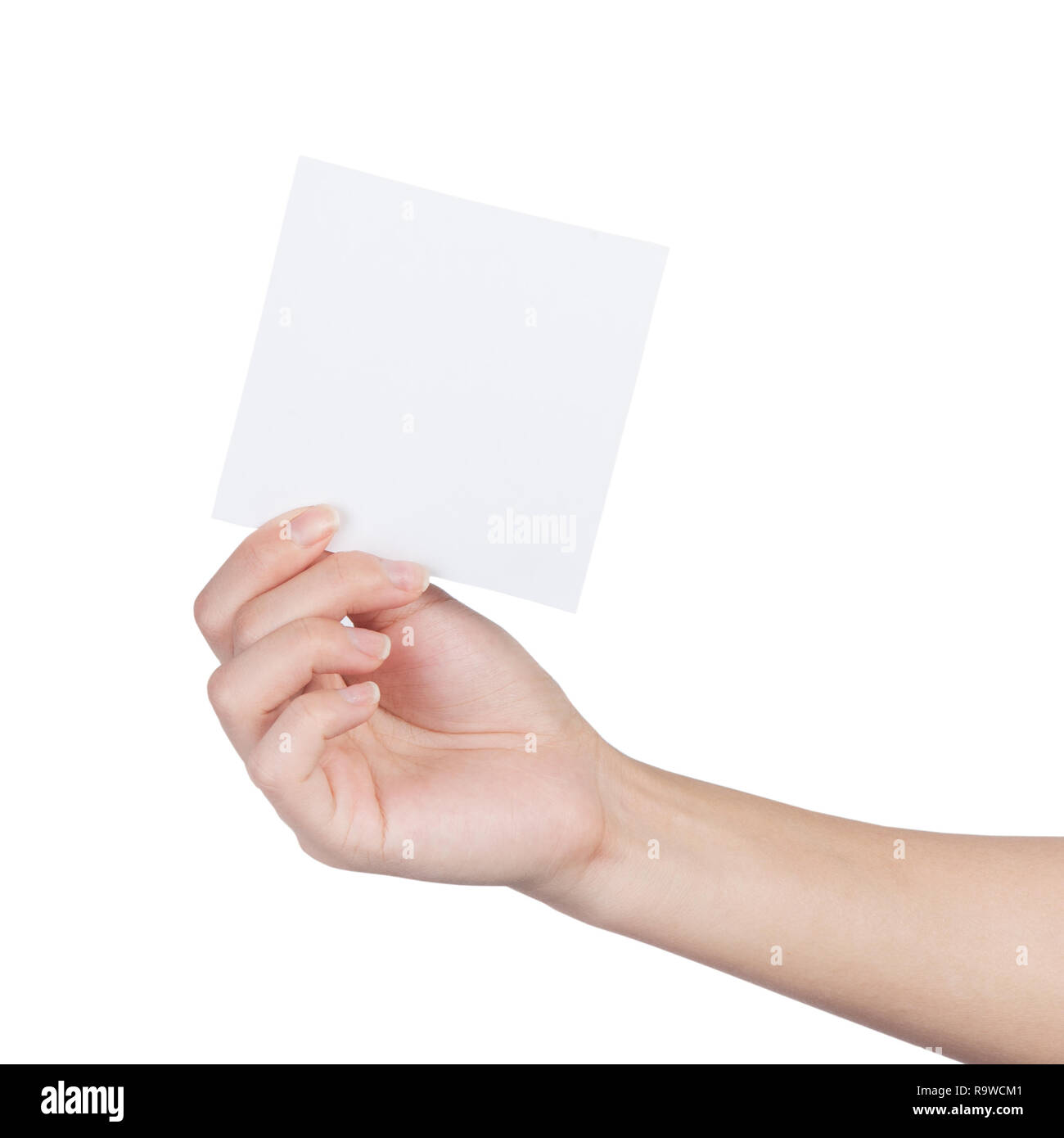 Female hand holding blank sheet of paper isolated on white Stock Photo ...