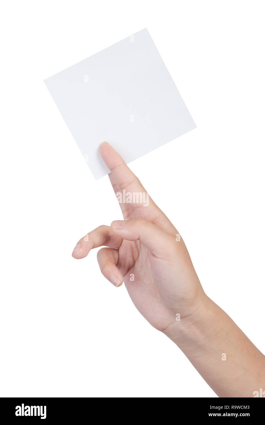 Female hand holding blank sheet of paper isolated on white Stock Photo ...
