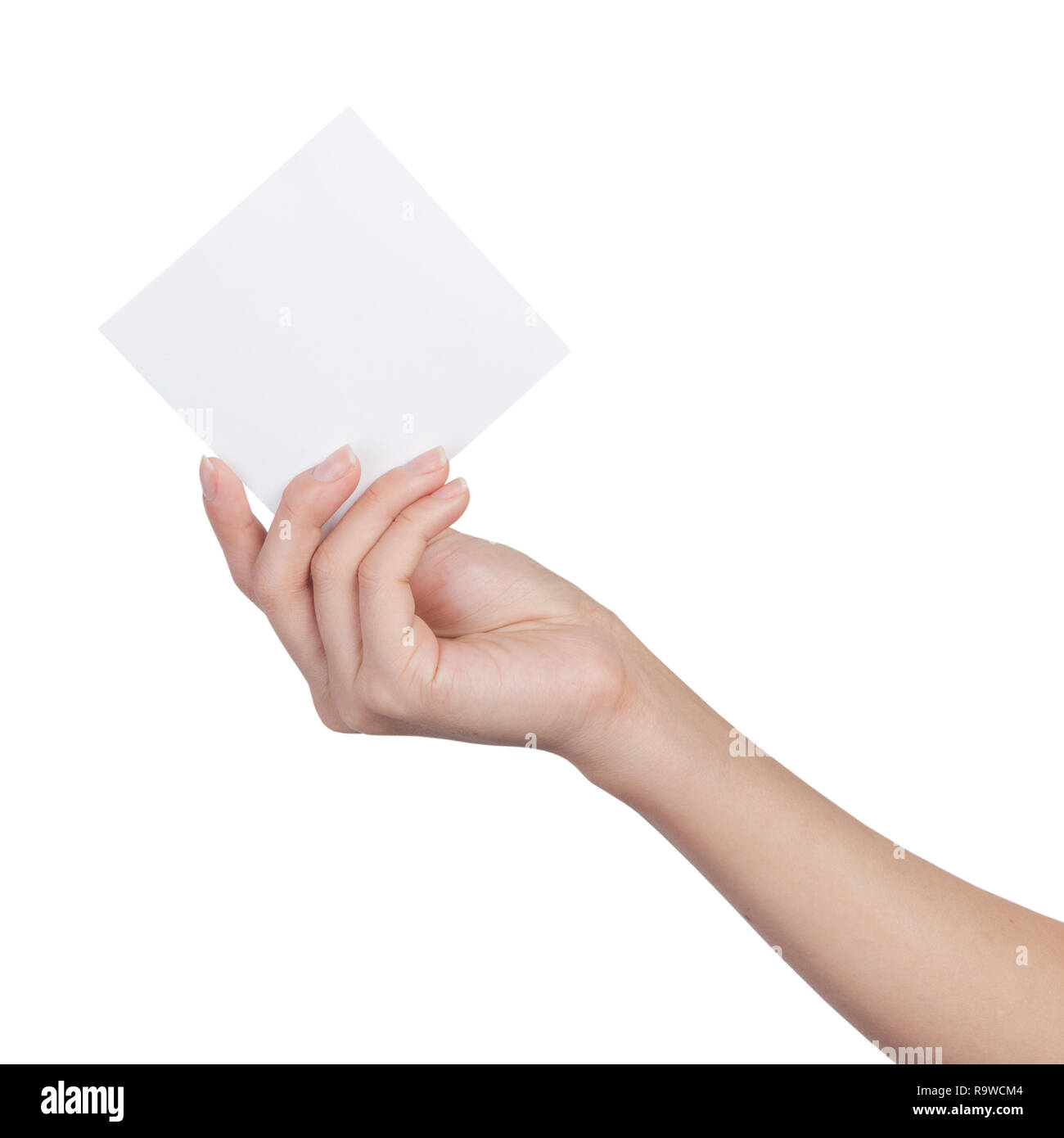 Female hand holding blank sheet of paper isolated on white Stock Photo ...