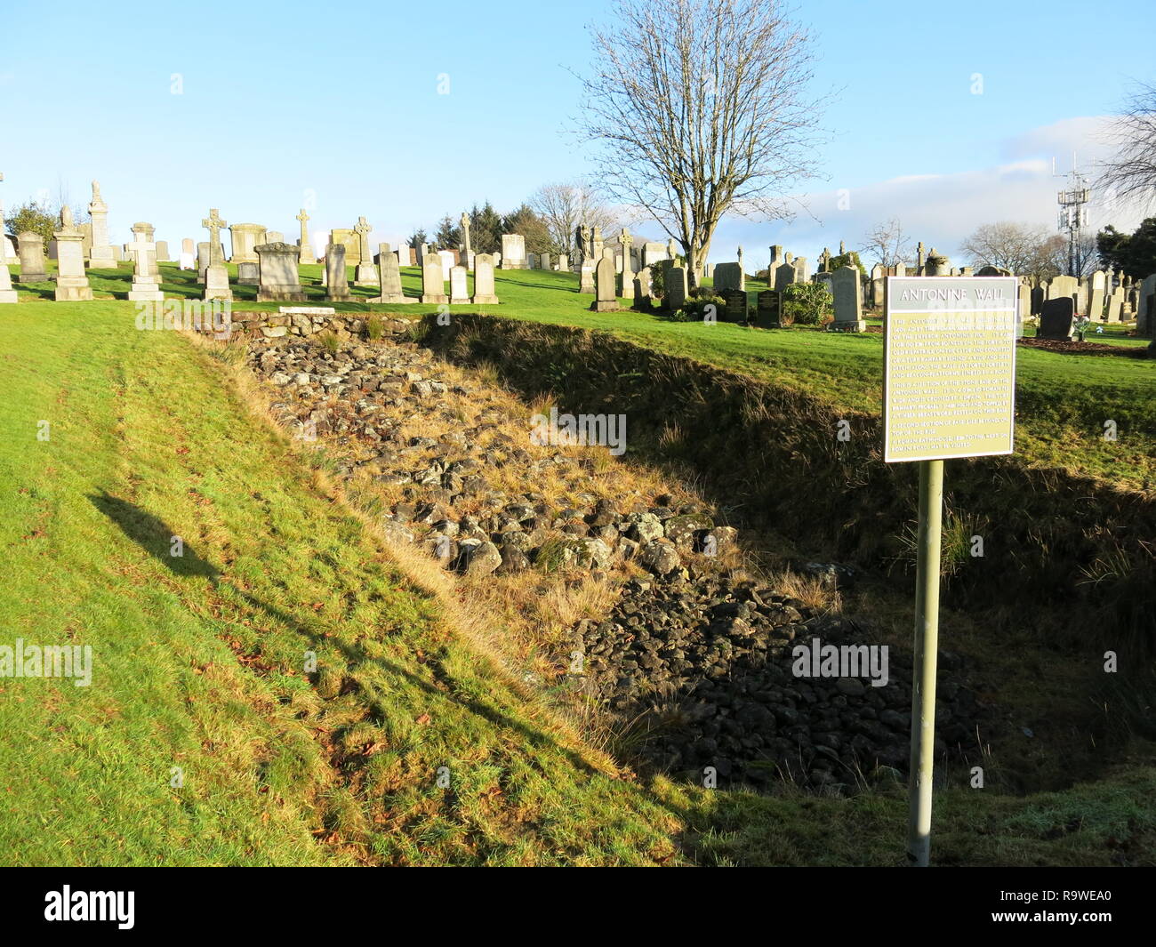 Two sections of the stone base of the rampart of the Antonine Wall are ...