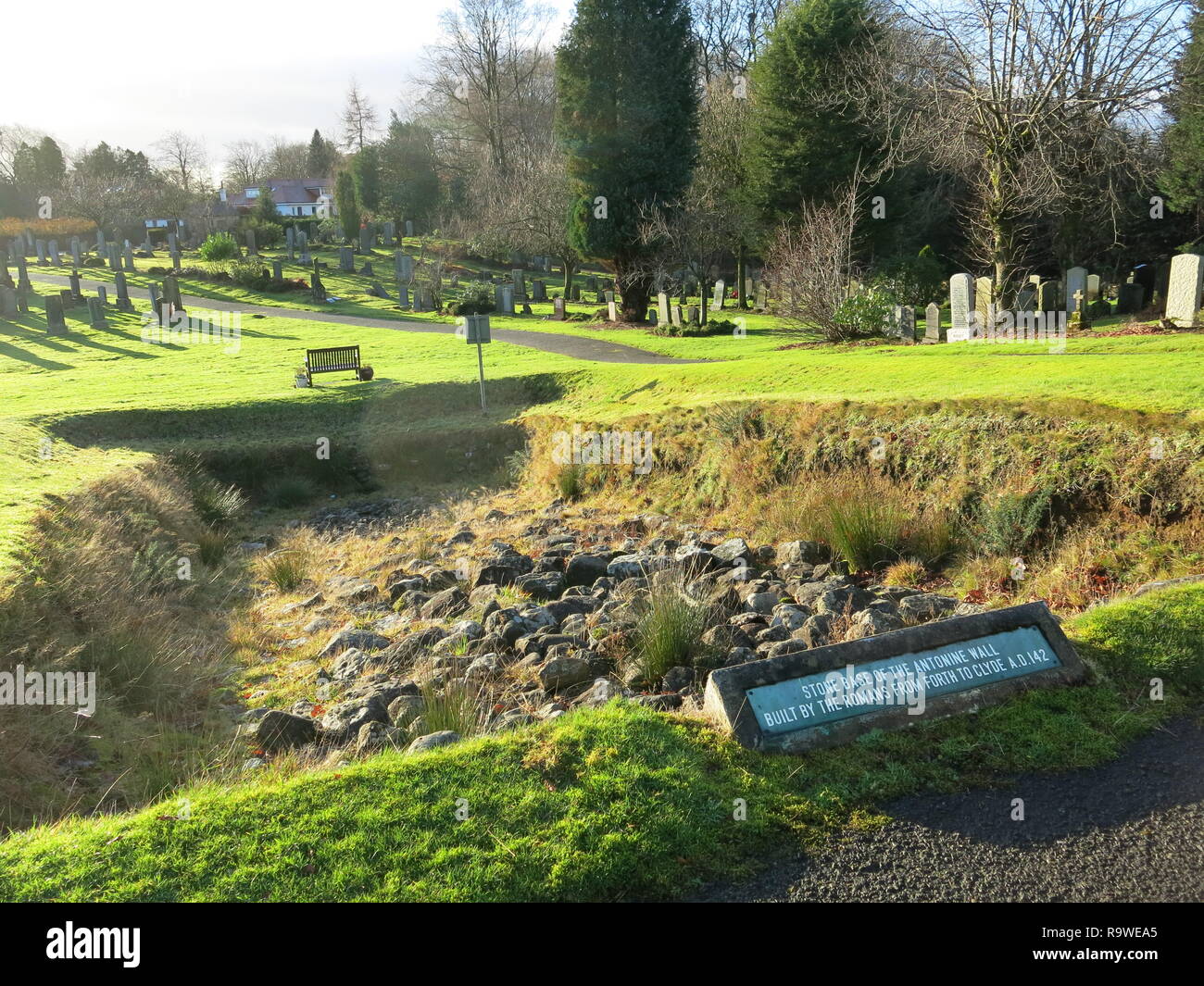 Two sections of the stone base of the rampart of the Antonine Wall are ...