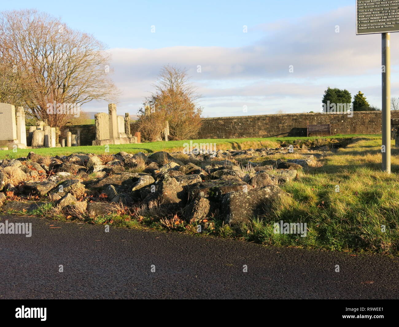 Two sections of the stone base of the rampart of the Antonine Wall are ...