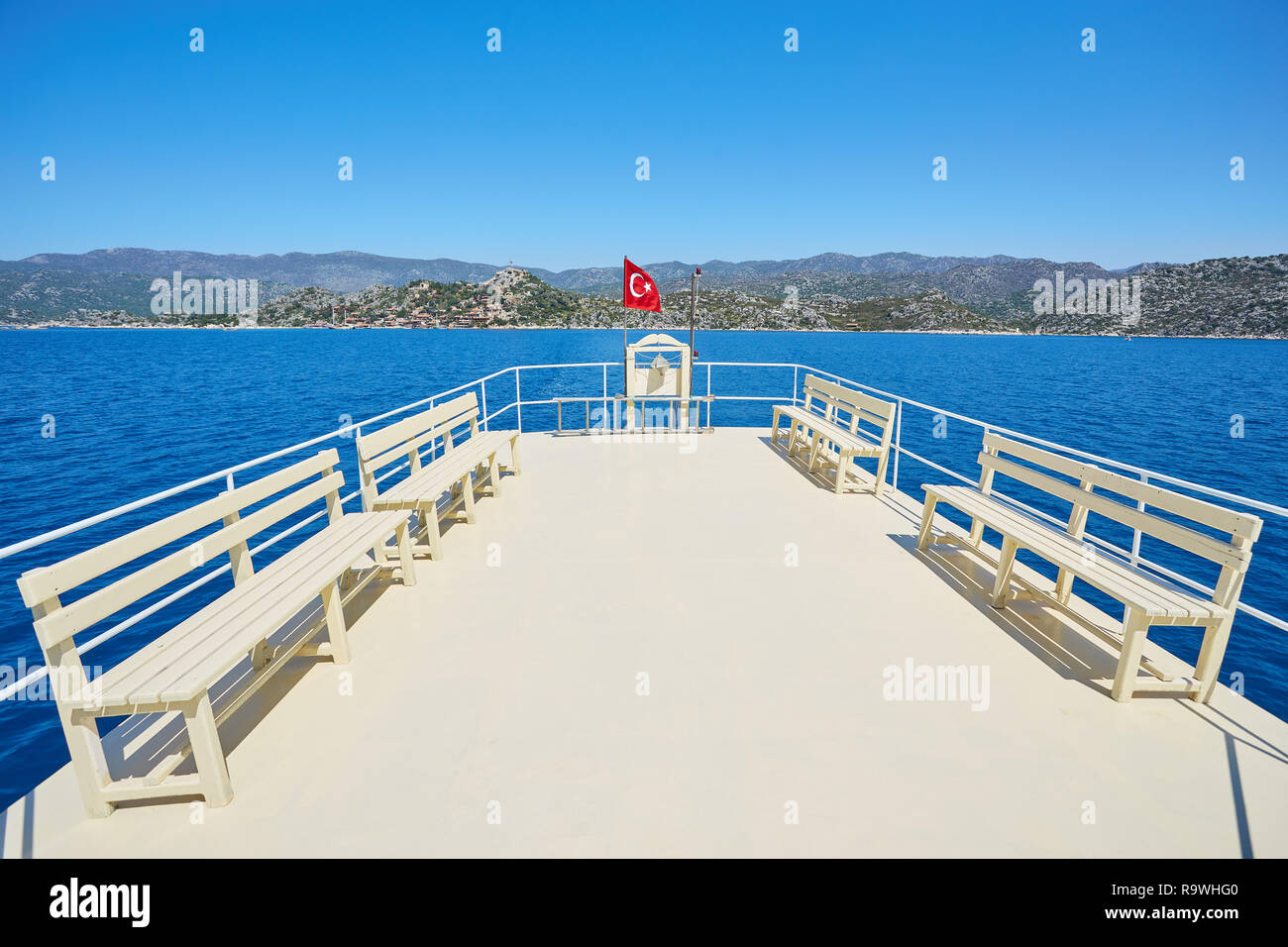An empty deck of a pleasure boat sailing across the Mediterranean Stock ...