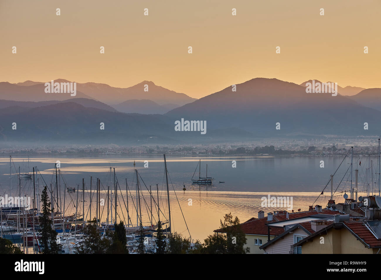 Beautiful bay and port of Fethiye during sunset, Turkey Stock Photo - Alamy