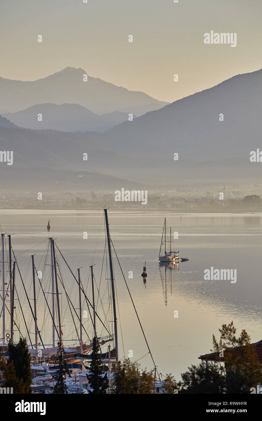 Beautiful Sunset and Luxury sailing yachts in Fethiye Harbour Stock ...