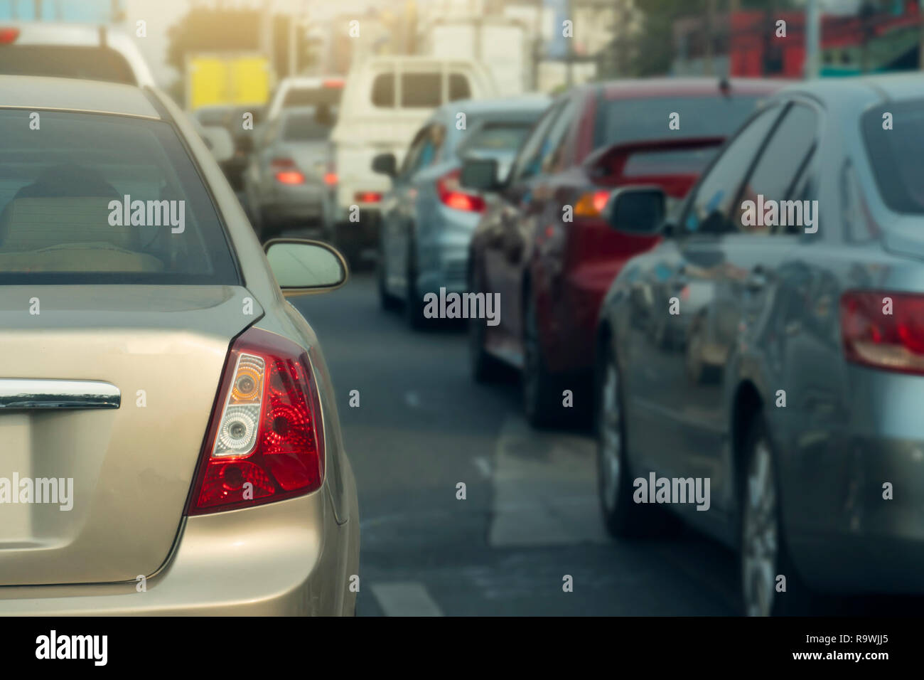 Gray car on the road in traffic junction there are many cars on the ...