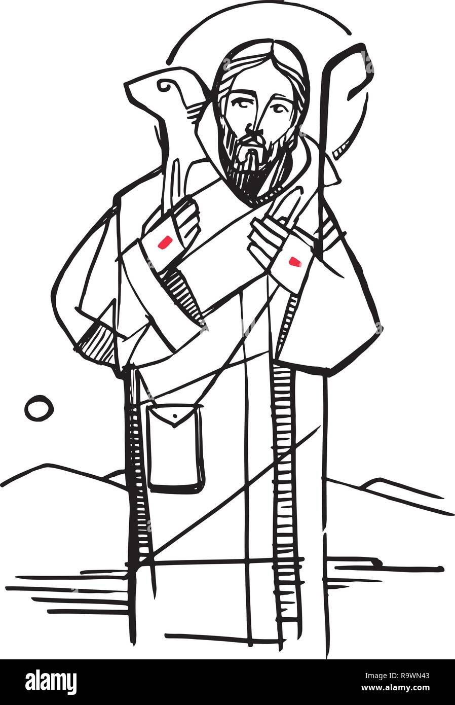 Hand drawn vector illustration or drawing of Jesus Christ Good Shepherd ...