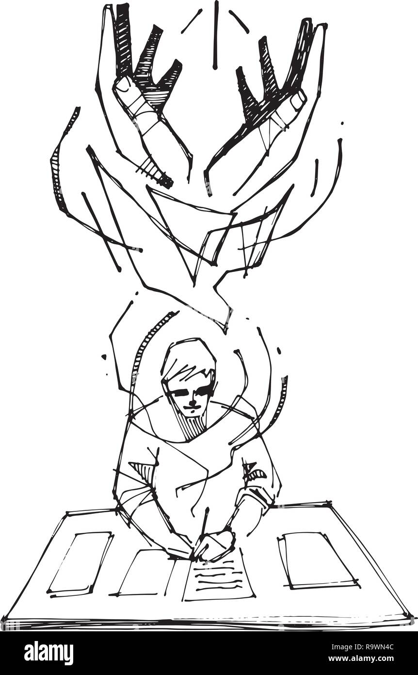 Hand drawn vector illustration or drawing of a man working and ...