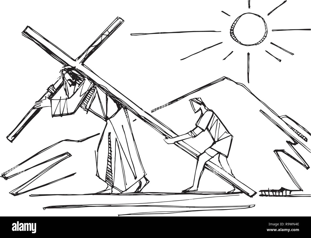 Hand drawn vector illustration or drawing of Jesus Christ at his ...