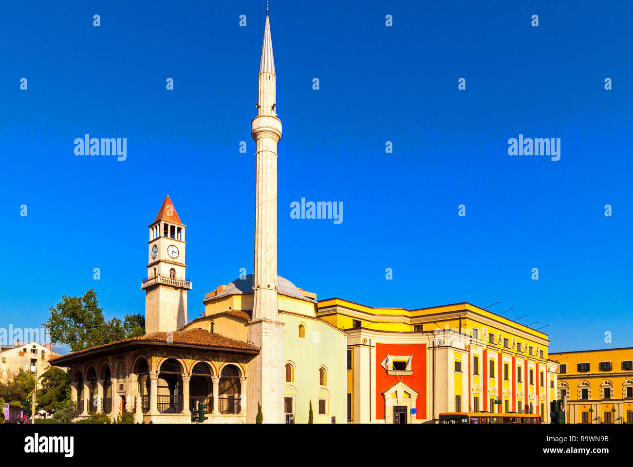 Ethem Bay mosque and Clock Tower, Skanderberg Square, Tirana, Albania ...