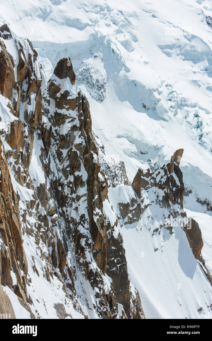 Mont Blanc rocky mountain massif summer view from Aiguille du Midi Mount, Chamonix, French Alps ...