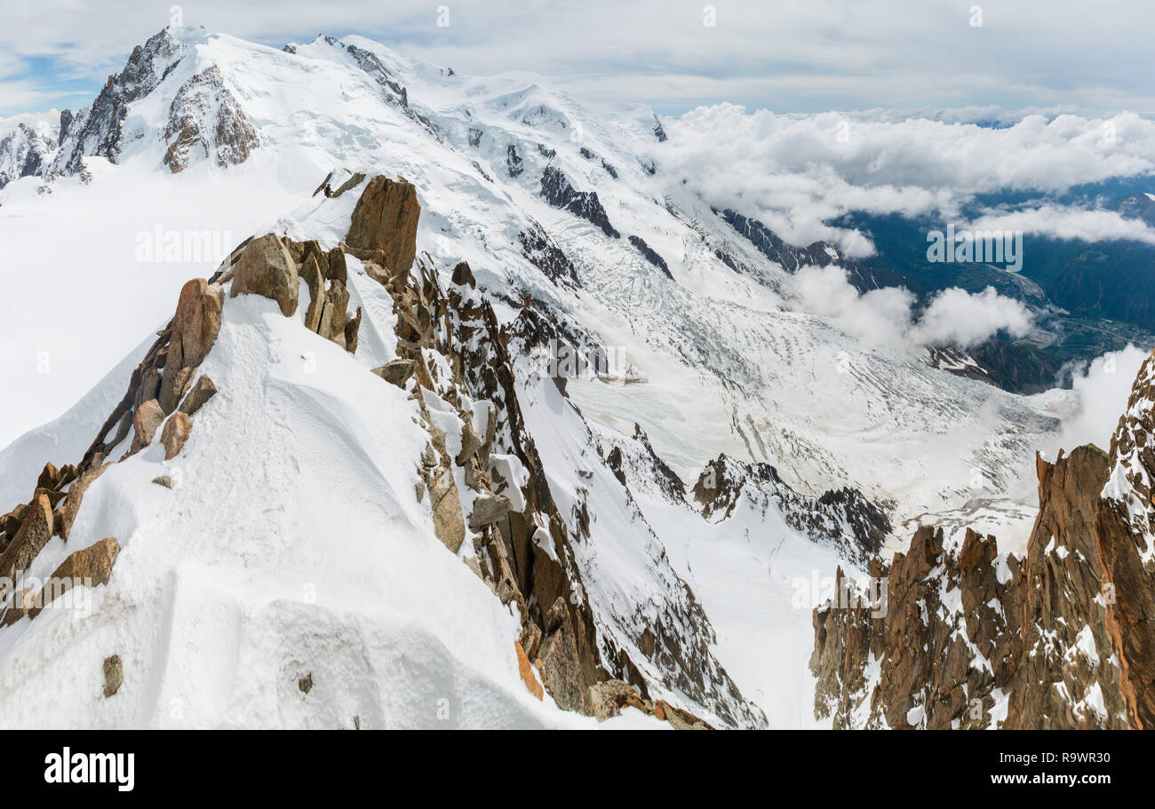 Mont Blanc rocky mountain massif summer view from Aiguille du Midi Mount, Chamonix, French Alps ...