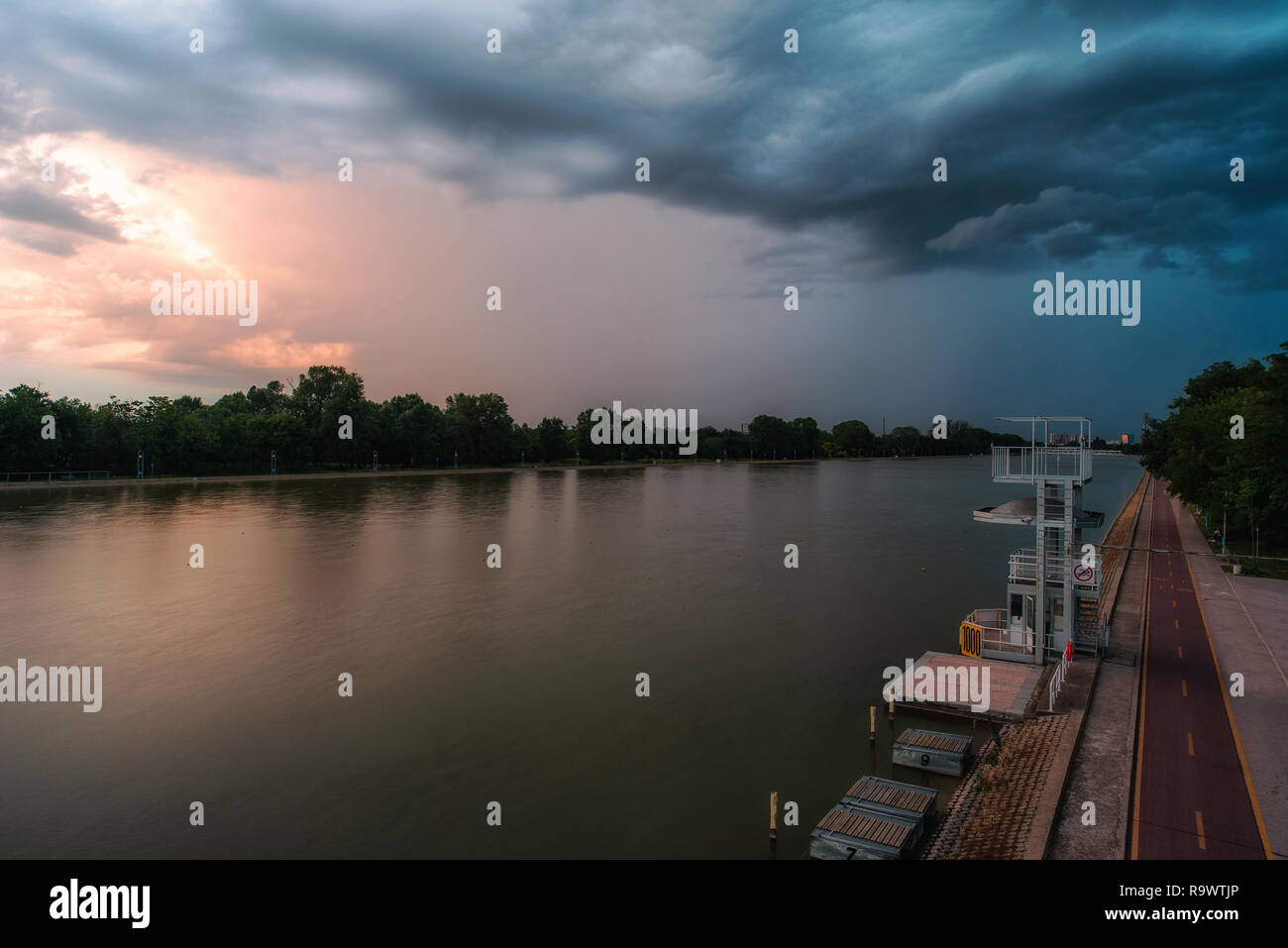 Aerial photo with storm clouds over rowing channel in Plovdiv city ...