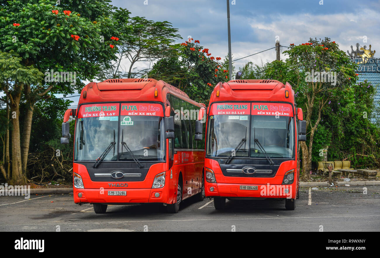 Dalat, Vietnam - Nov 13, 2018. Group of Phuong Trang buses wait to new ...