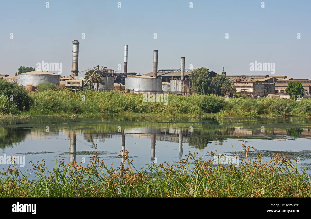 View across large river Nile in Egypt through rural landscape with ...