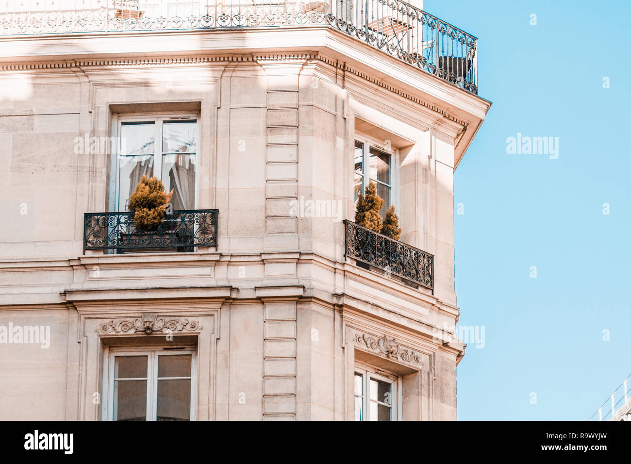 View from below on a facade European building with balconies in Paris ...