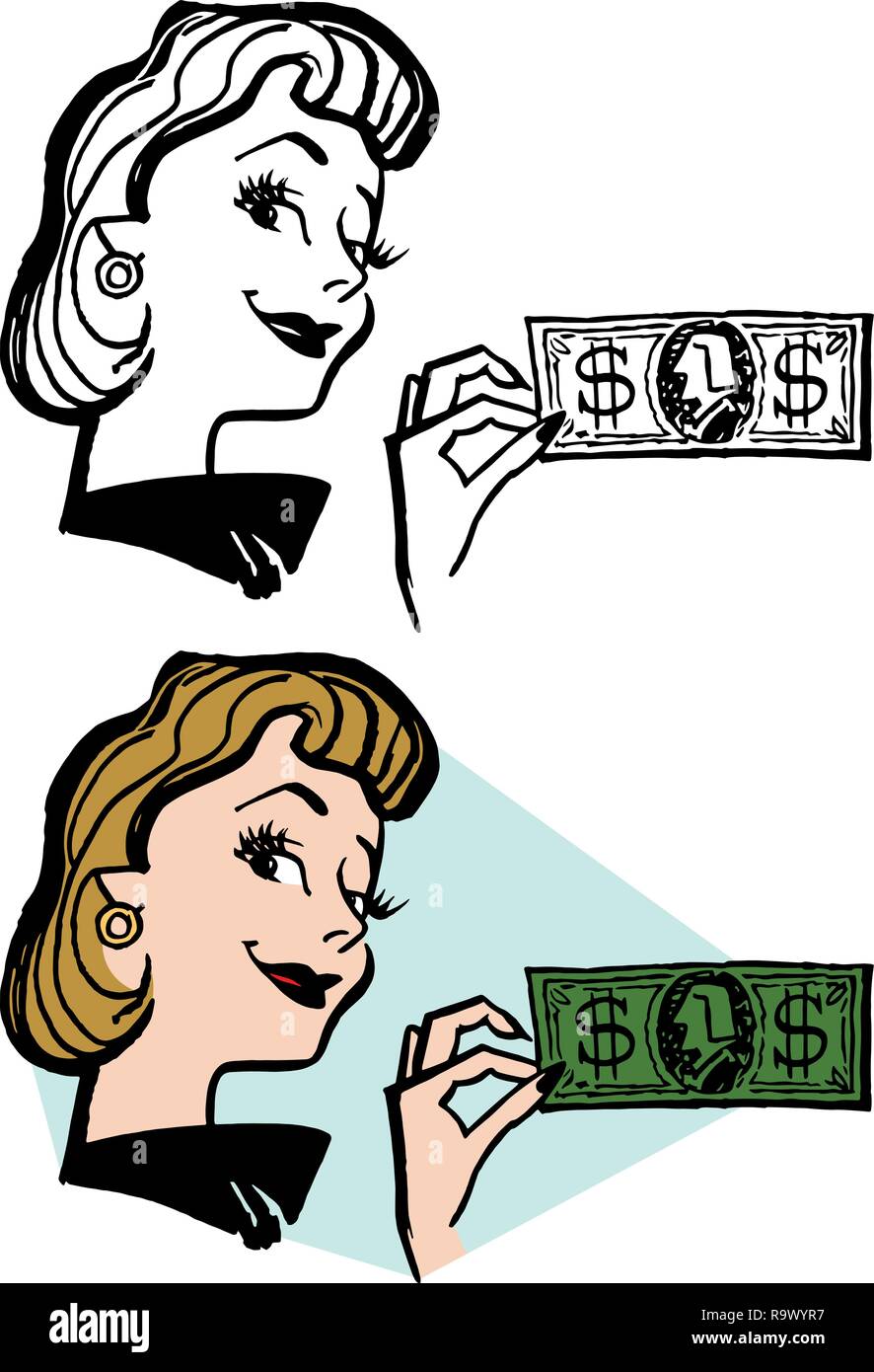A smiling woman holding a dollar bill Stock Vector Image & Art - Alamy