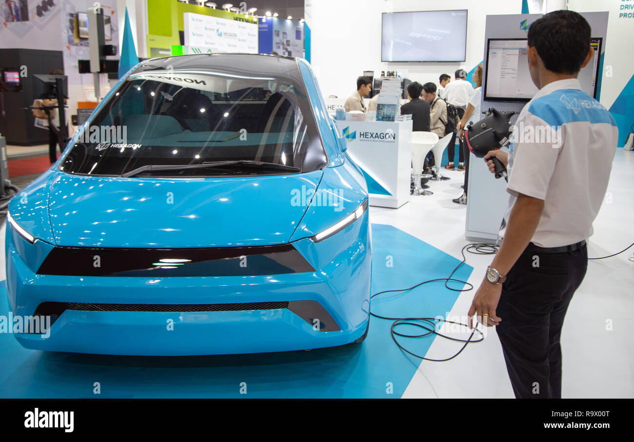 Bangkok, Thailand - November 21, 2018: Worker perform handheld 3D scan ...