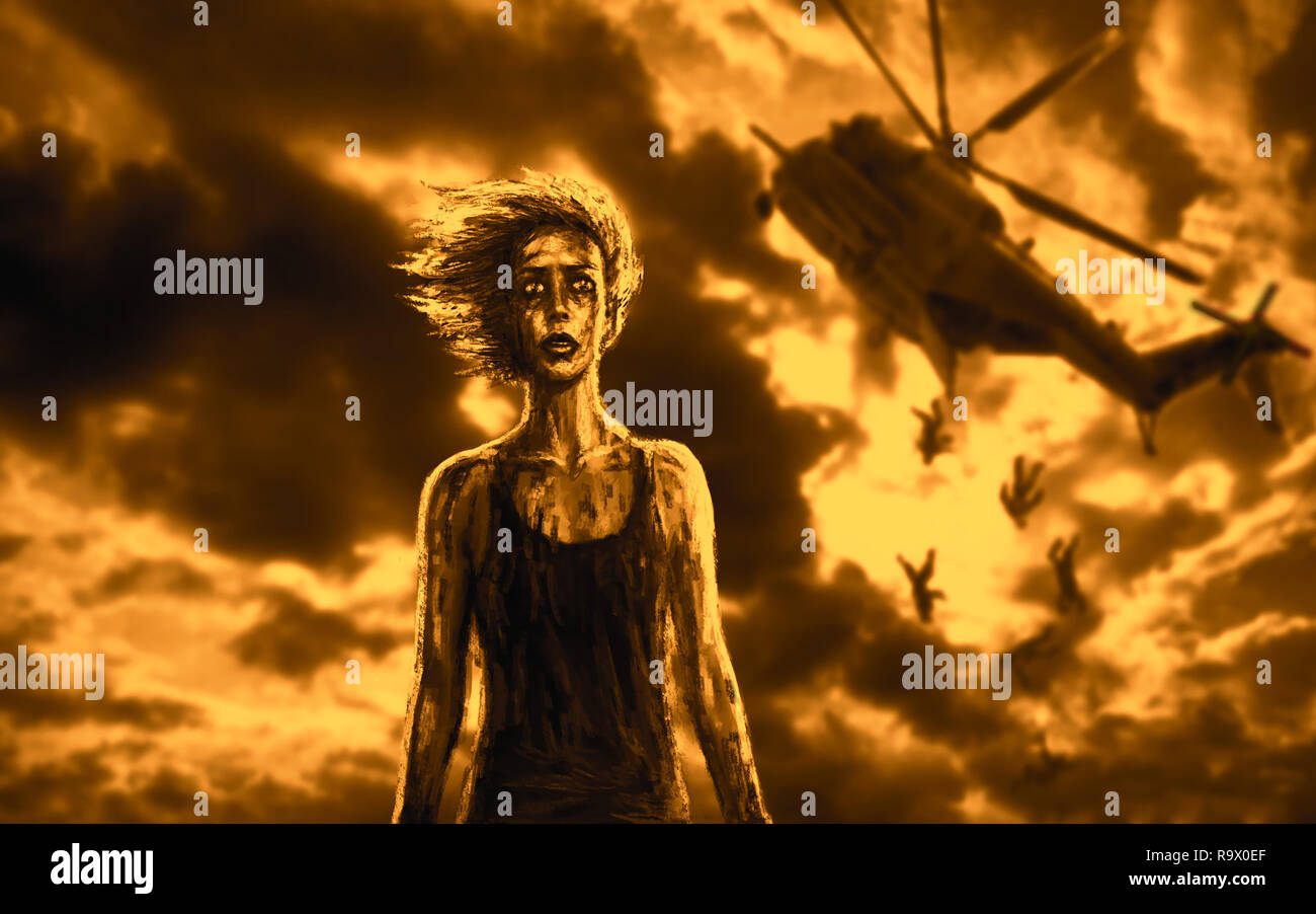 Female character in military uniform and falling helicopter in the ...