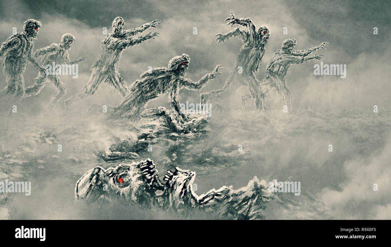 Attack zombie army on battlefield. Illustration in genre of horror ...