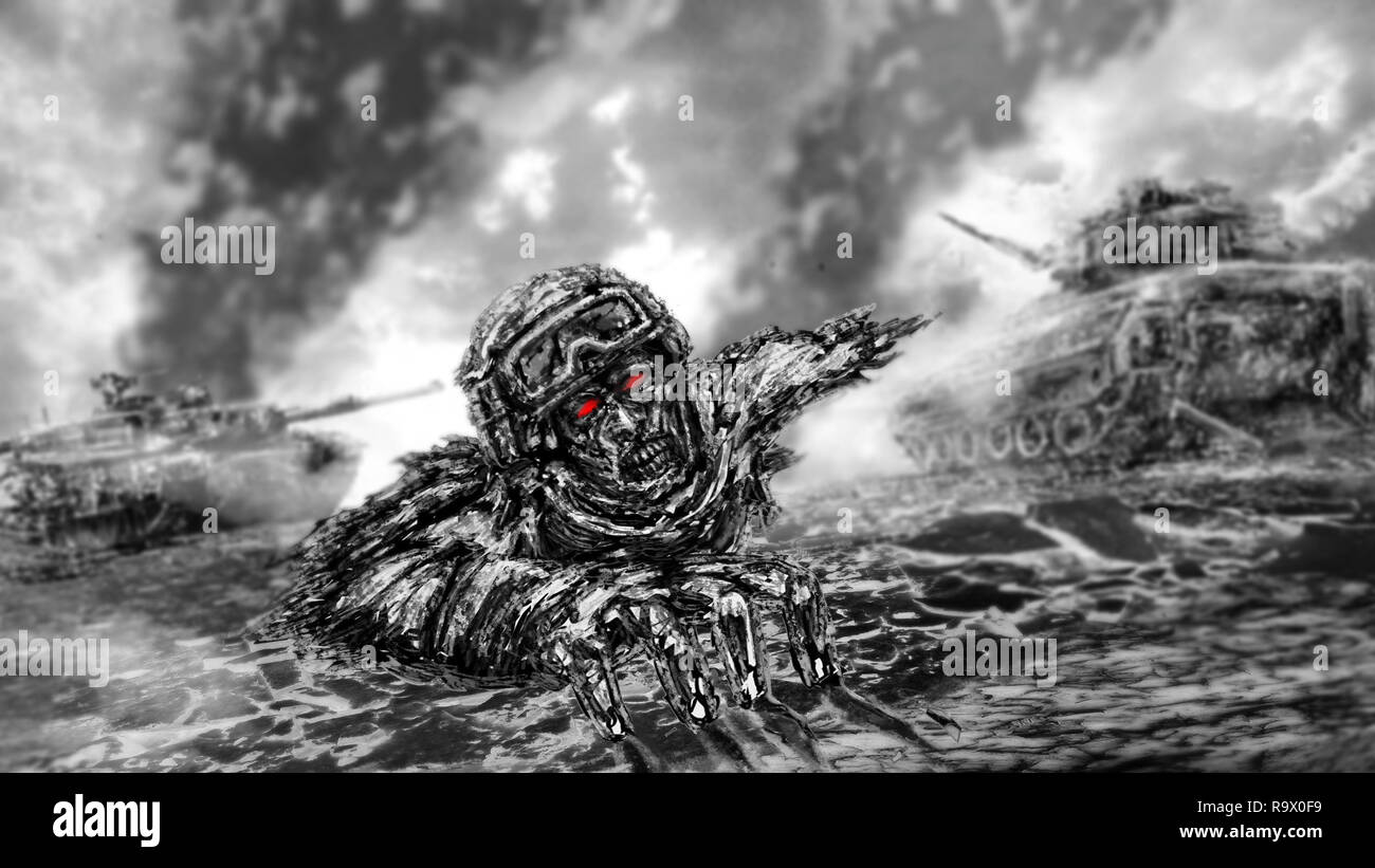 Half zombie soldier crawls on battlefield. Illustration in horror genre ...