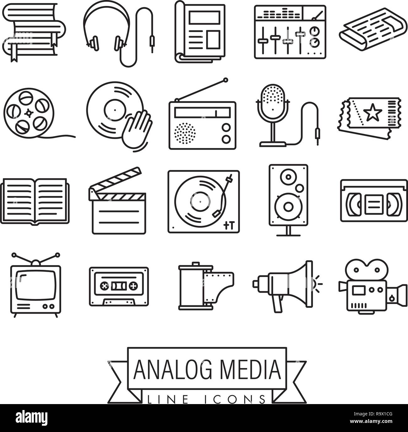 Collection of analog media and equipment vector line icons. Obsolescent ...
