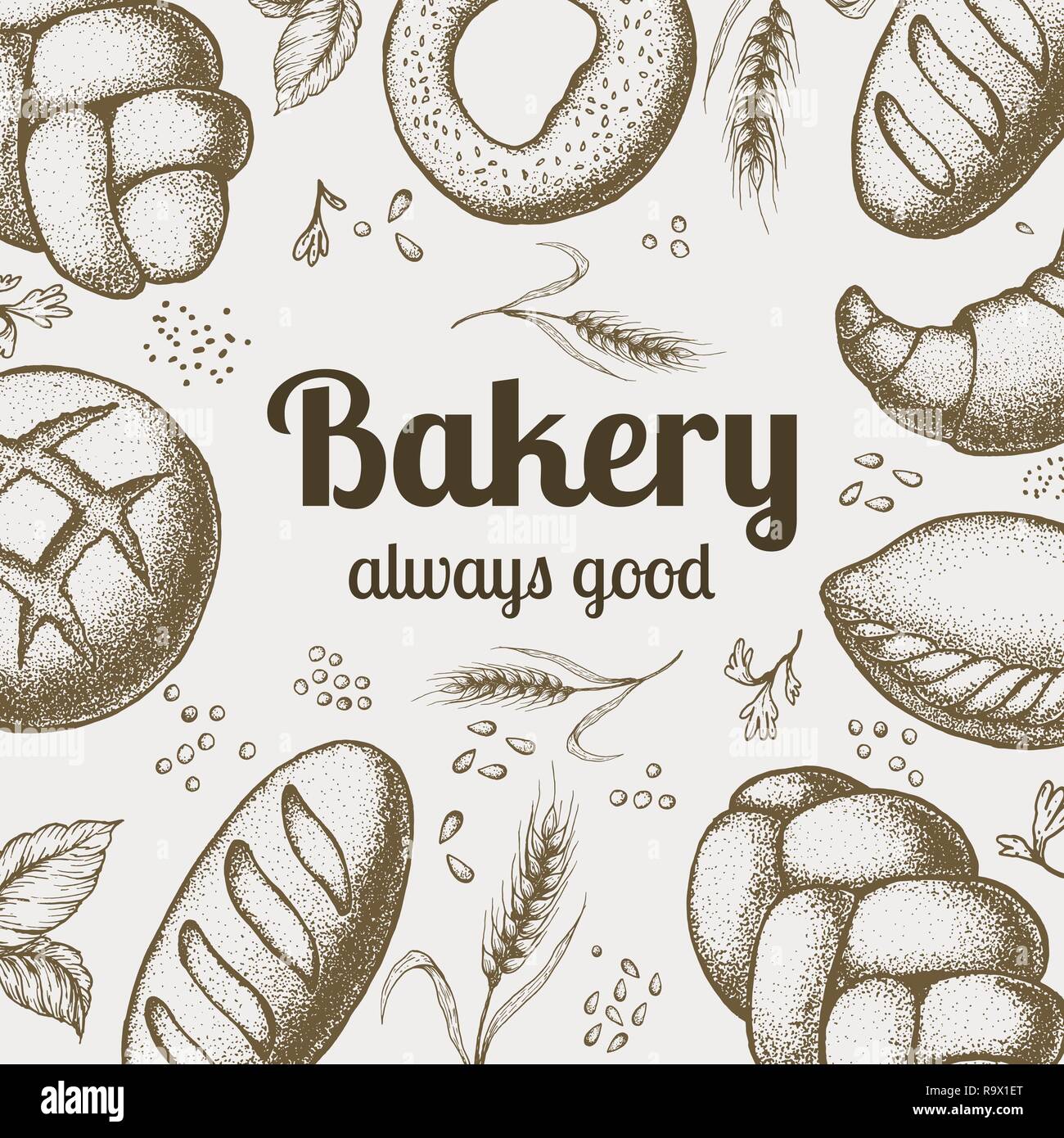 Bakery background. Linear graphic. Bread and pastry collection. Bread ...