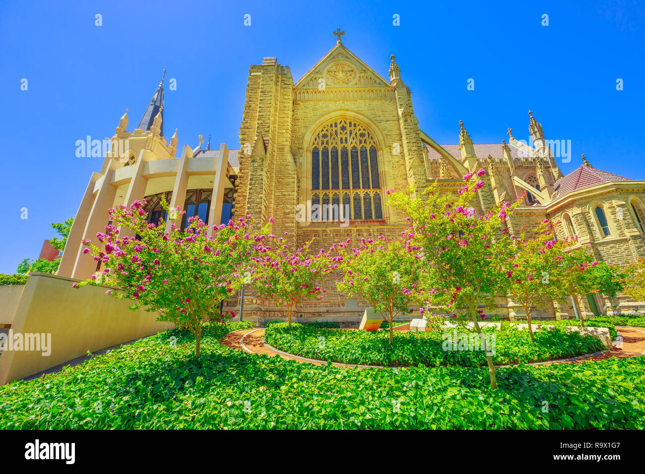 St Mary's Cathedral with stained glass in Perth, Western Australia. The ...