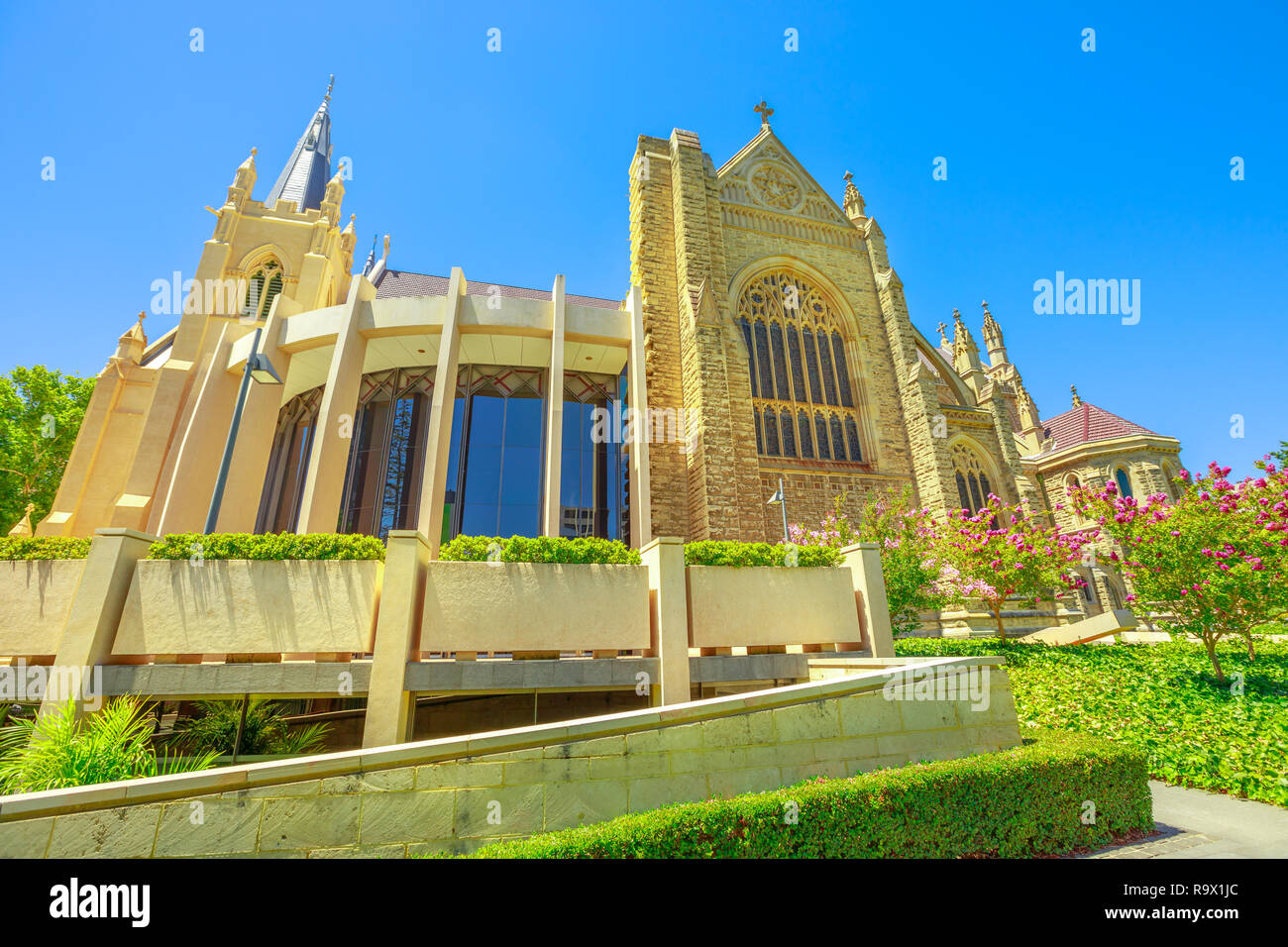 Side view of St Mary's Cathedral with stained glass in Perth, Western ...