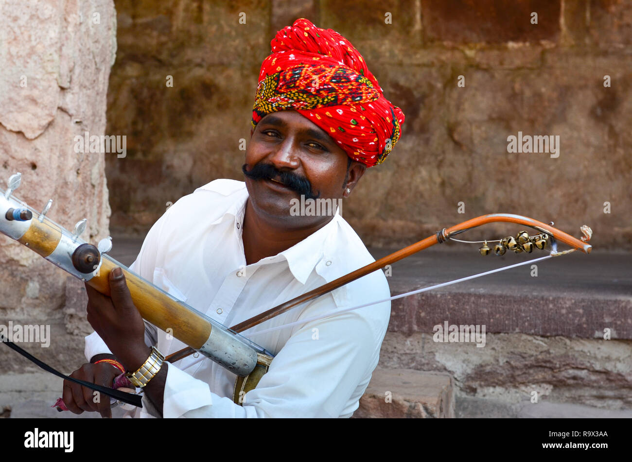 Jodhpur, Rajasthan, India, 2019. Traditional Rajasthani sarangi player ...