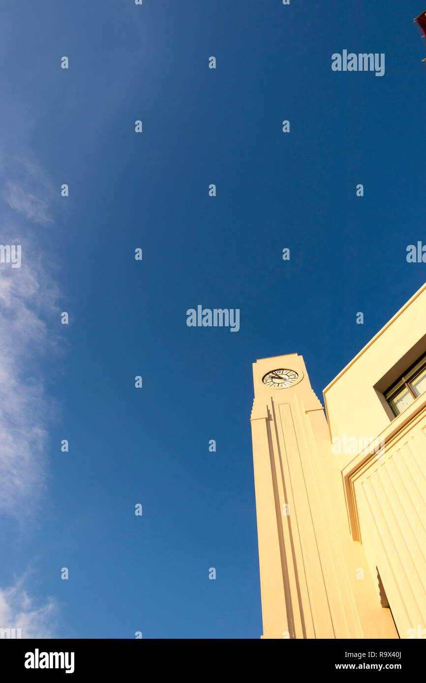 clock tower of art deco building against blue sky in Marseille, South ...