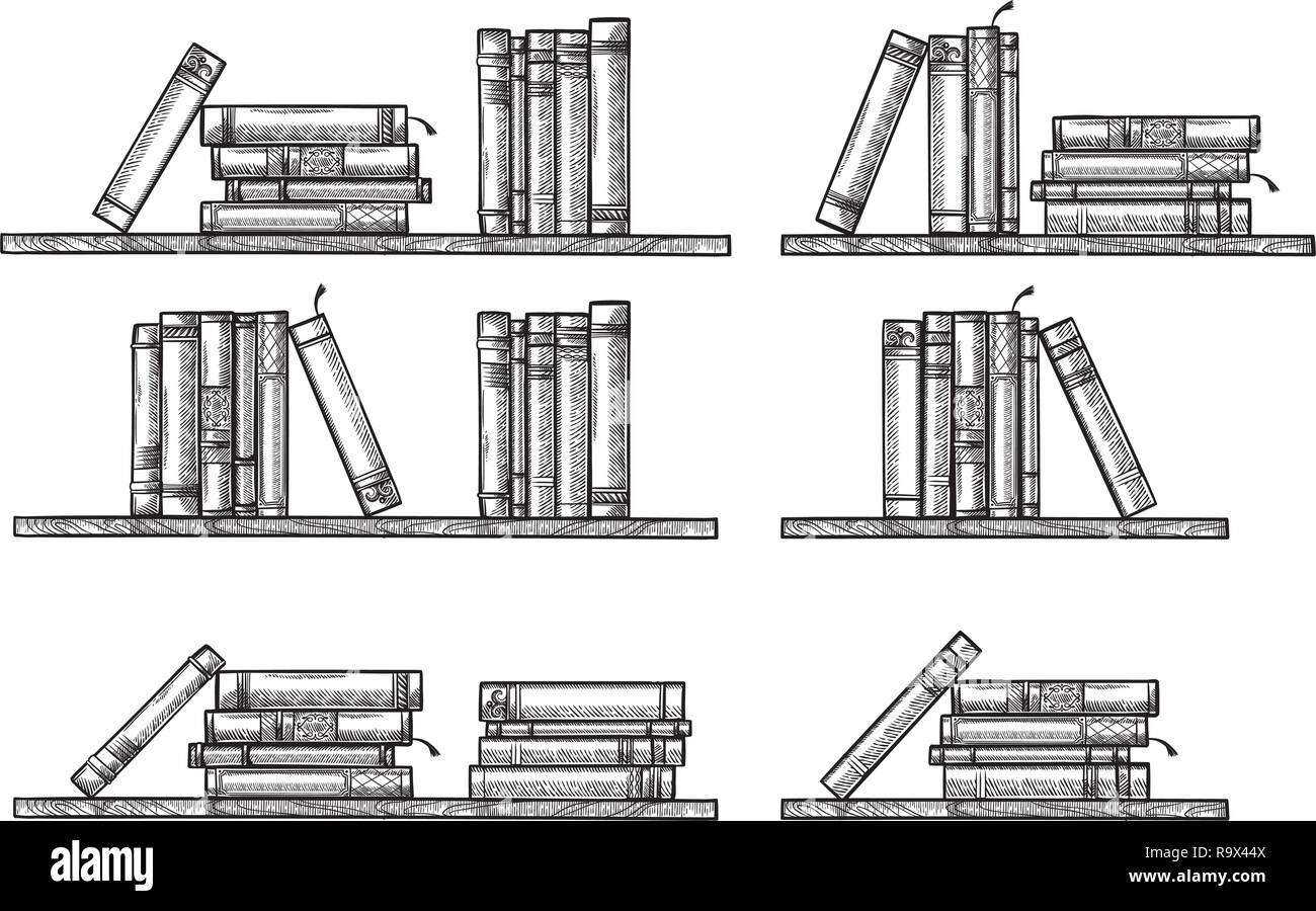 sketch bookshelf. collection standing lying books vector illustration ...